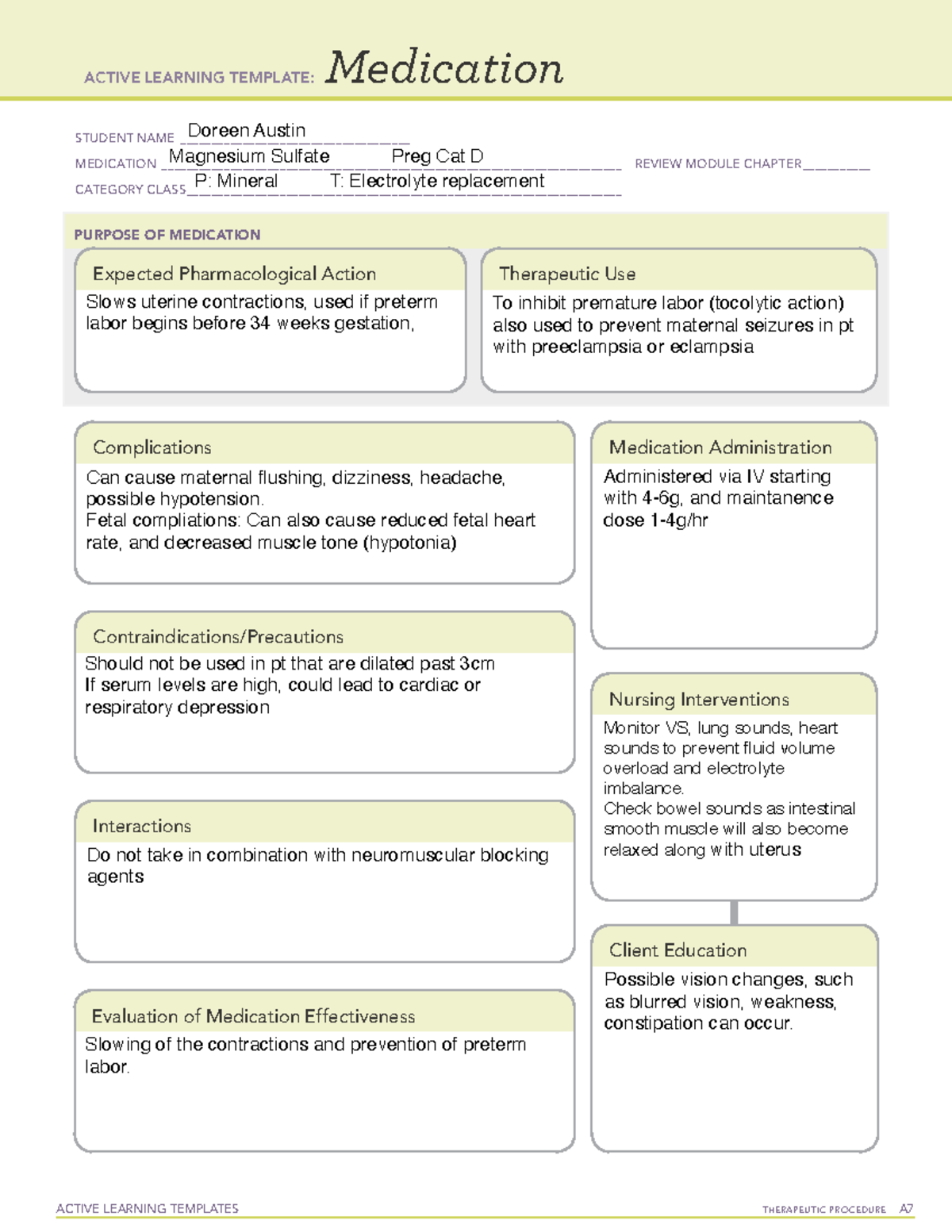 Magnesium Sulfate Med Card Active Learning Template Guide Studocu