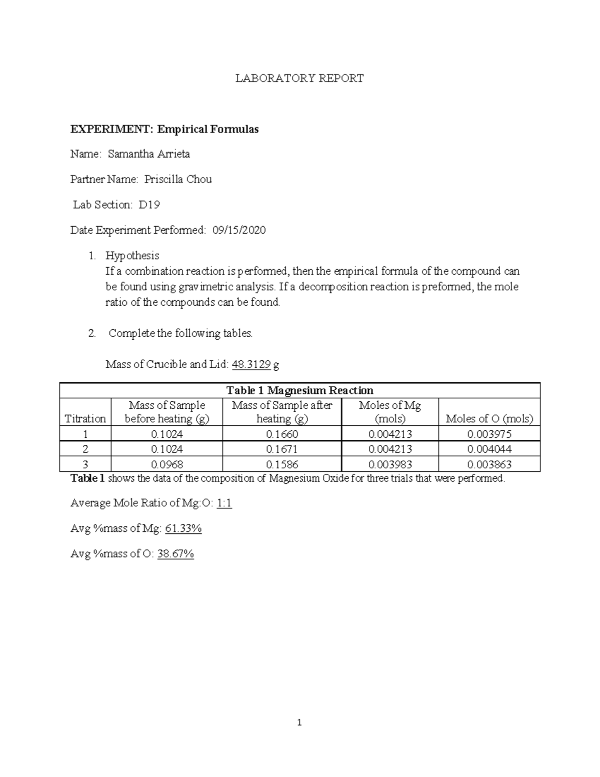Exp 7 Empirical Formula Calculations - LABORATORY REPORT EXPERIMENT: Empirical Formulas Name ...