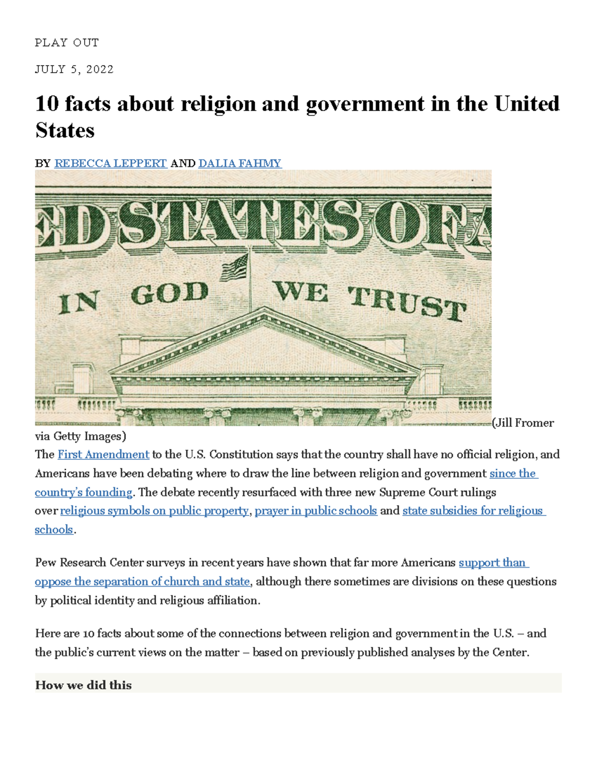 10 Key Facts on Religion & Government in the U.S. - Outline Article ...