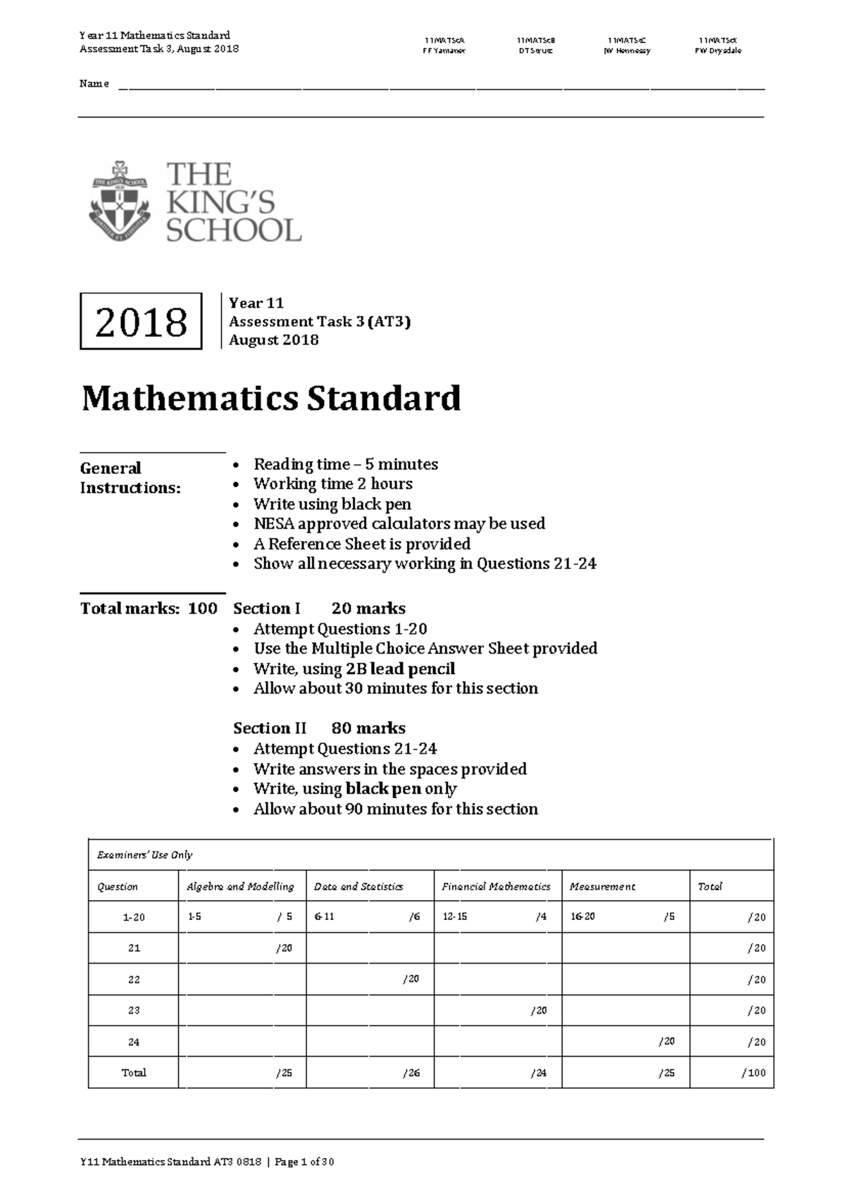 Year 11 Mathematics Standard AT3 Assessment Task 3 - August 2018 - Studocu