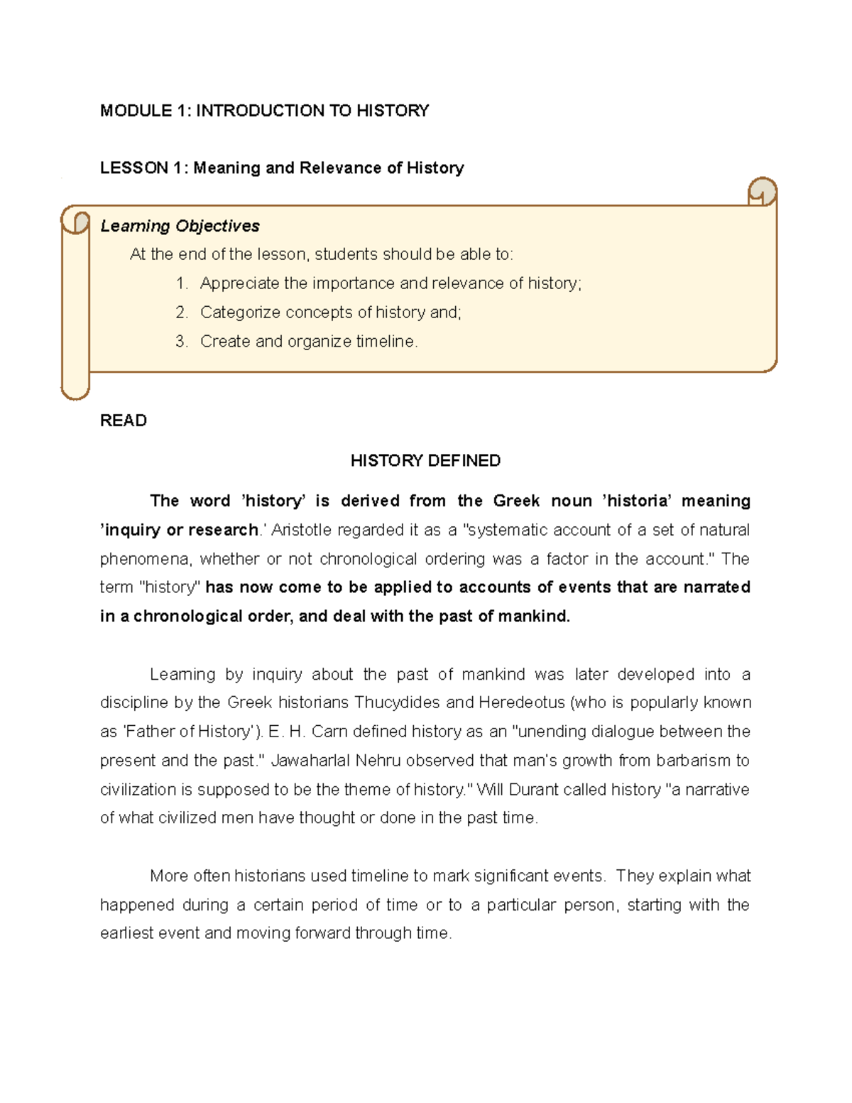 The answer for this module - MODULE 1: INTRODUCTION TO HISTORY LESSON 1 ...