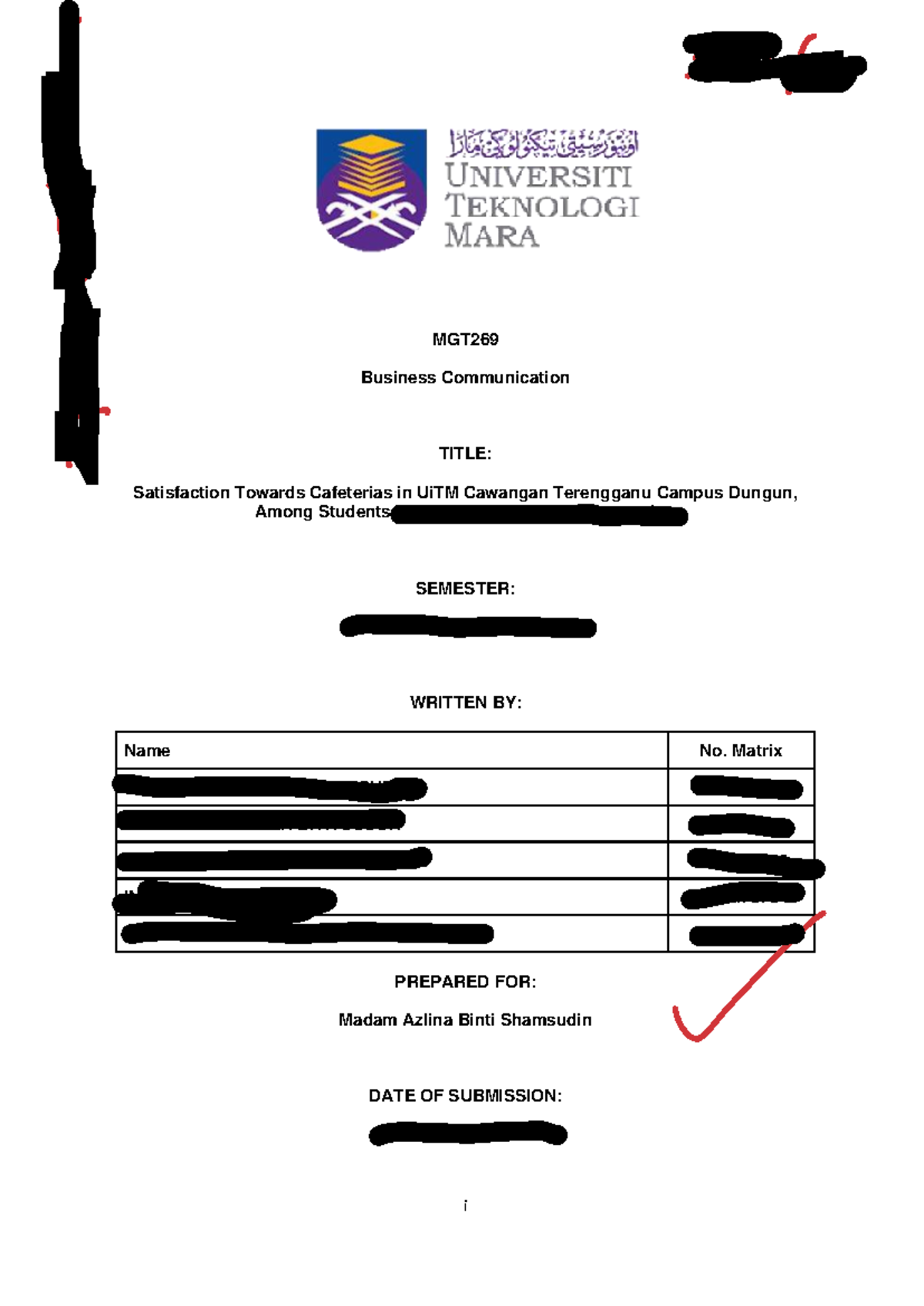 MGT269 Final Report: Student Satisfaction with UiTM Dungun Cafeterias ...