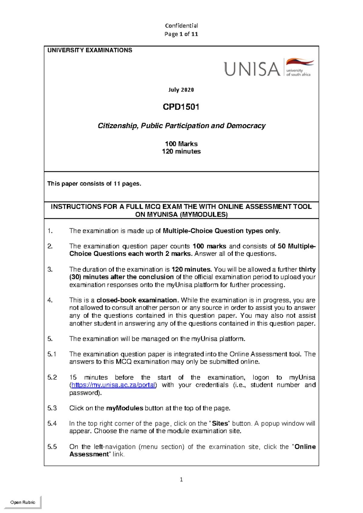 CPD1501 July 2020 MCQ Exam Paper and Instructions - Studocu