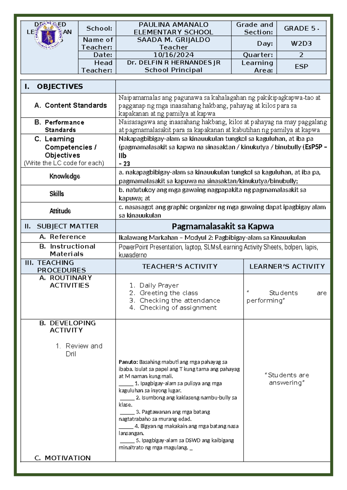 DLP Q2ESPW2D3 - Detailed Lesson Plan for ESP 5 (Grade 5) - Studocu