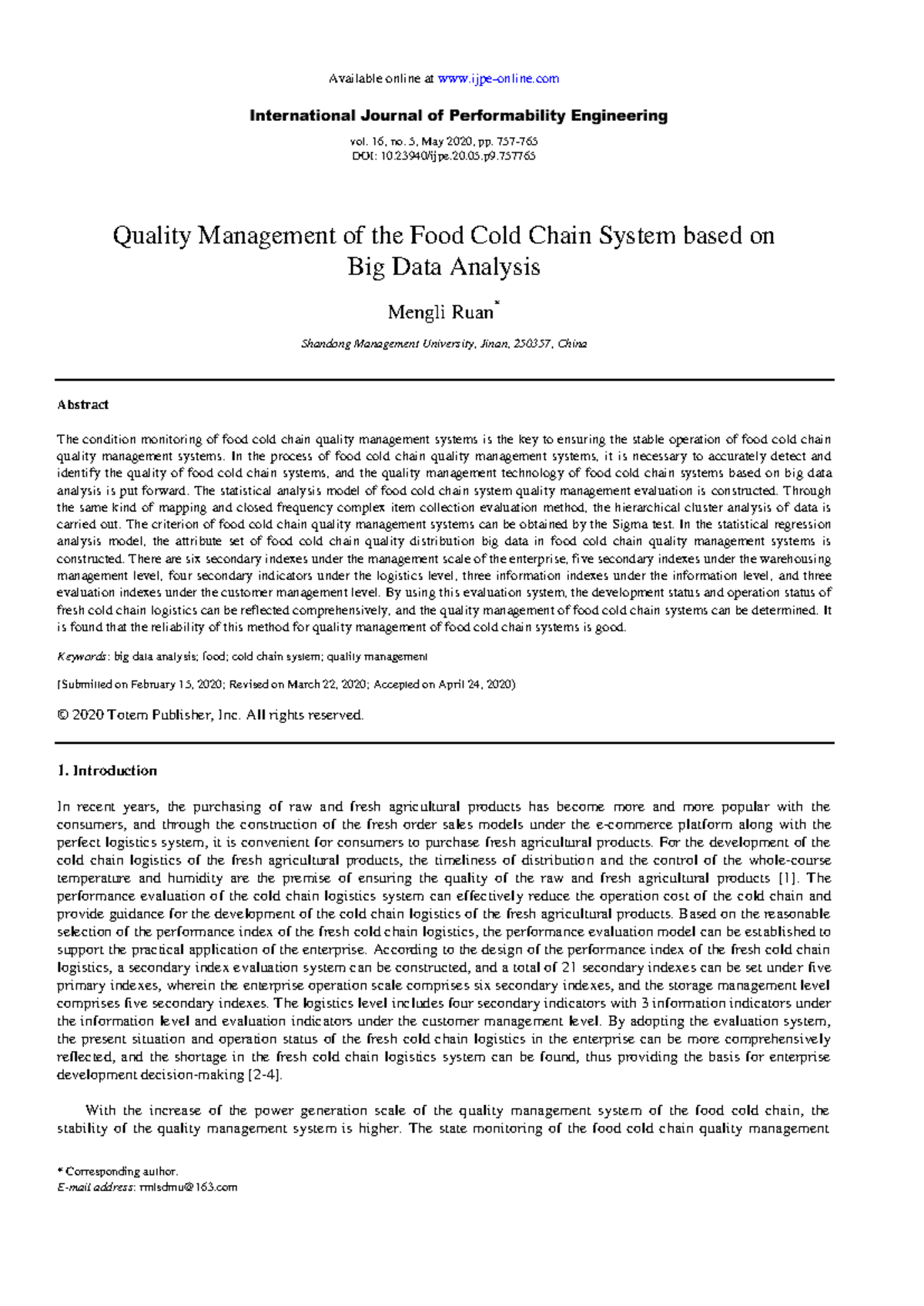 Quality Management of Food Cold Chain Systems: Big Data Insights - Studocu