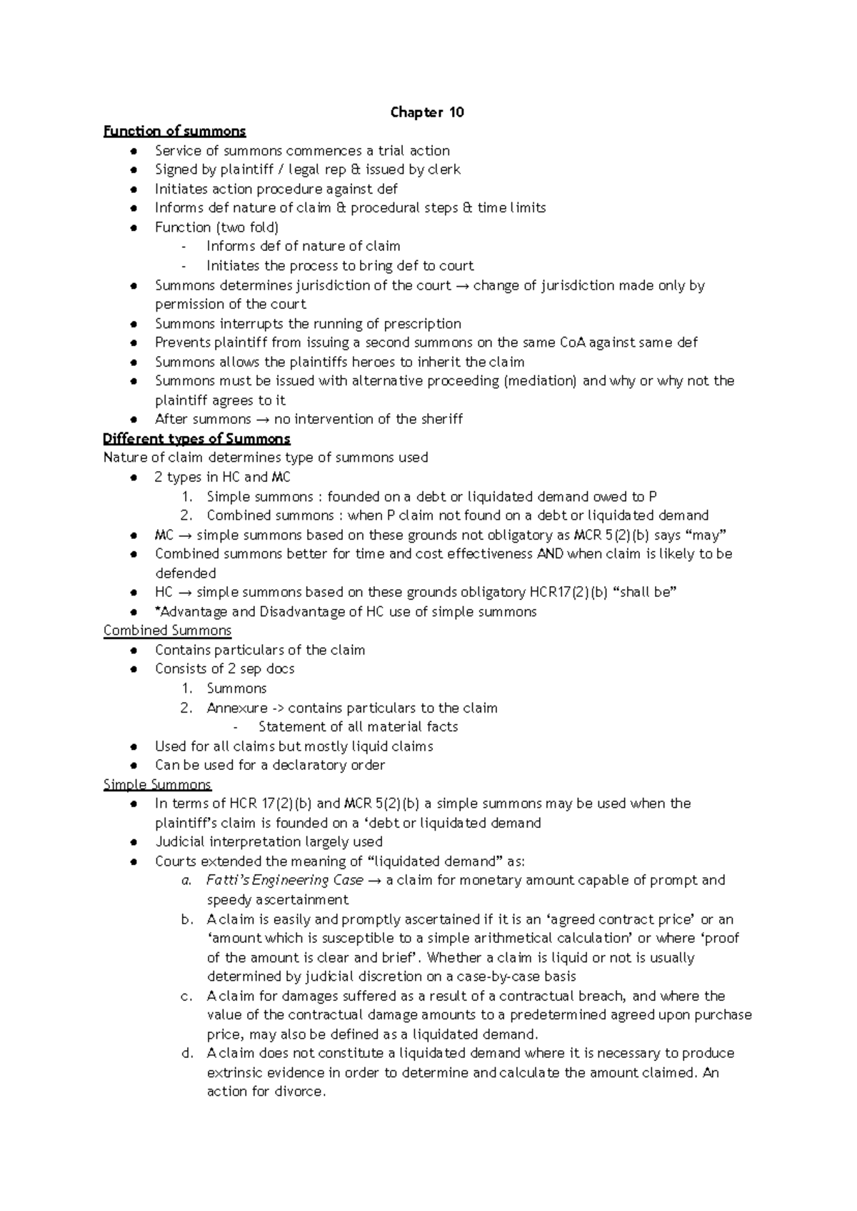 Civil Proc 2: Chapter 10 - Functions and Types of Summons - Studocu