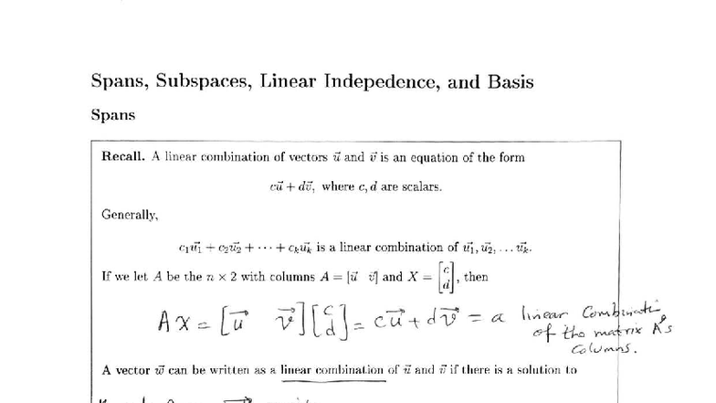 Weeks 6 8 Spans Subspaces Linear Independence And Basis Notes Studocu