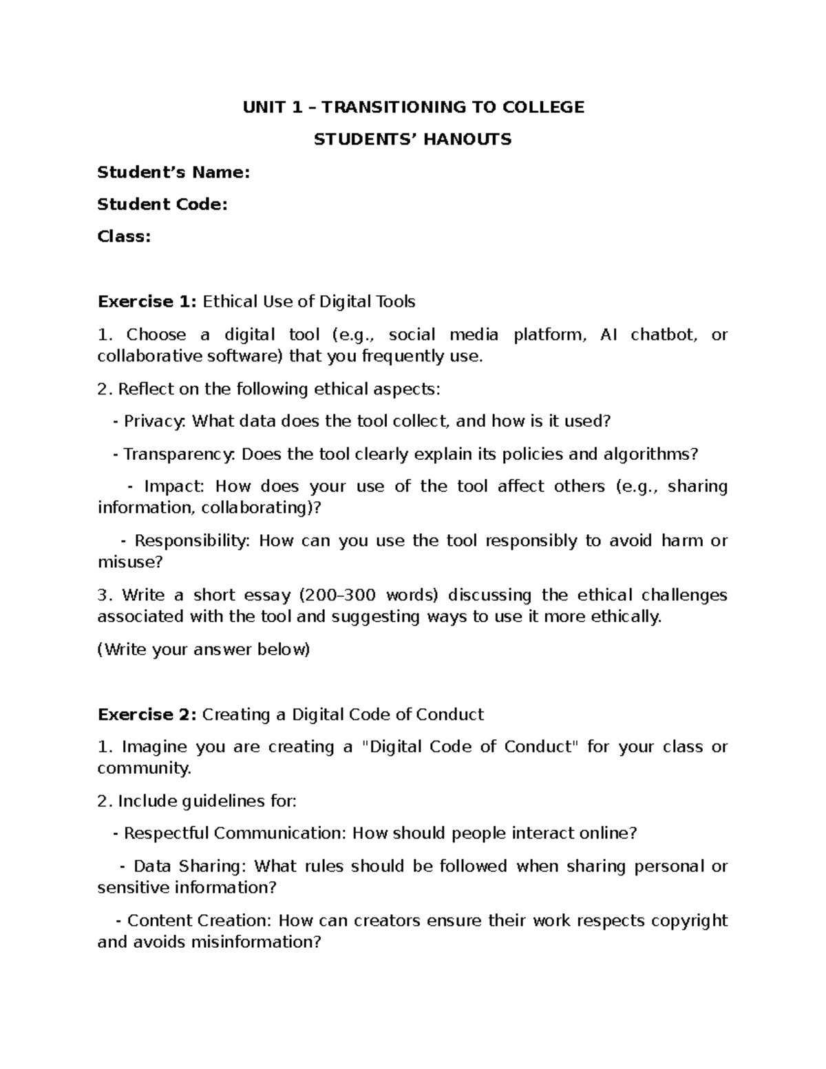 UNIT 1: Transitioning to College - Ethical Digital Tools Exercise - Studocu