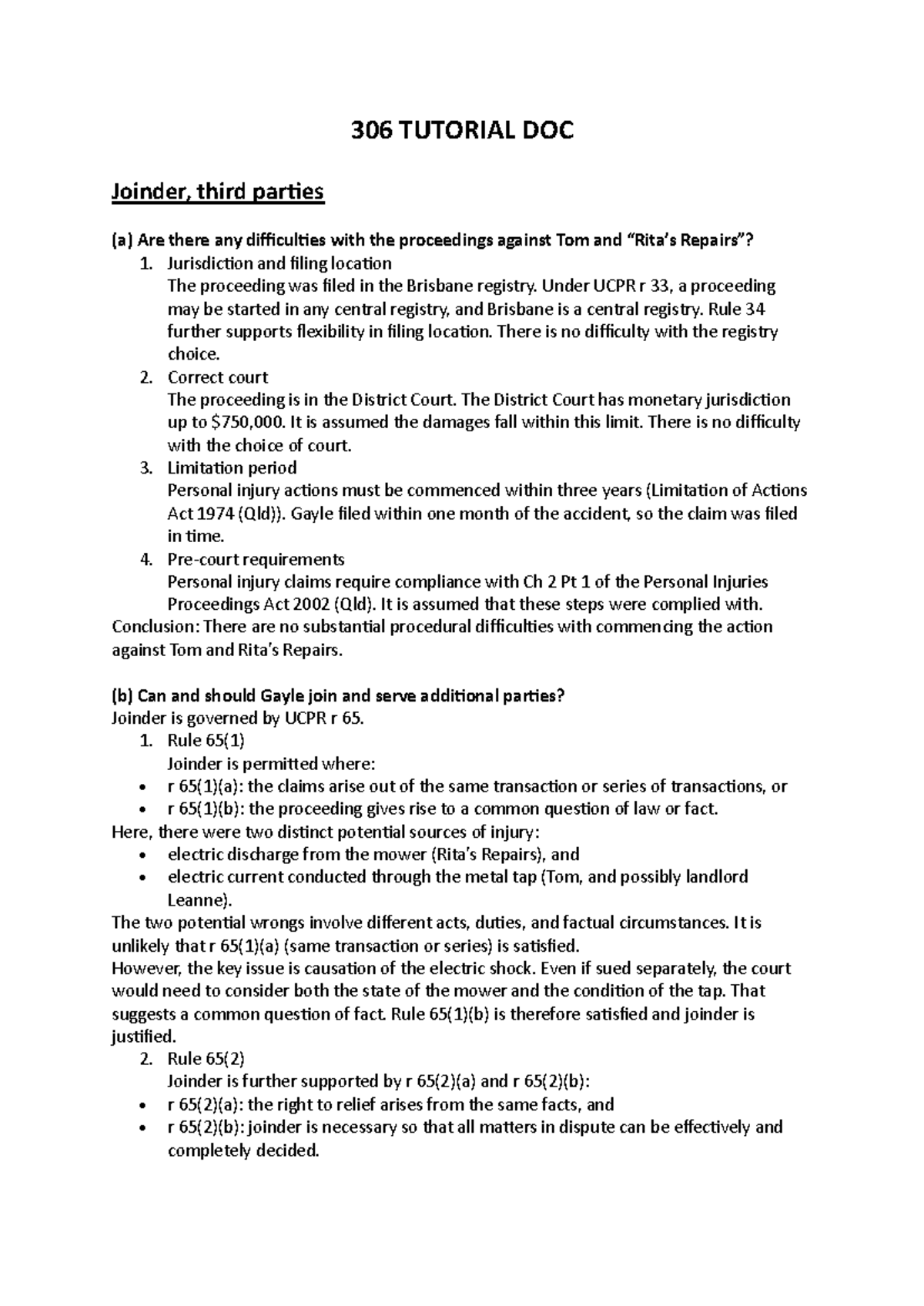 306 TUTORIAL DOC: Joinder and Third Party Notices Analysis - Studocu