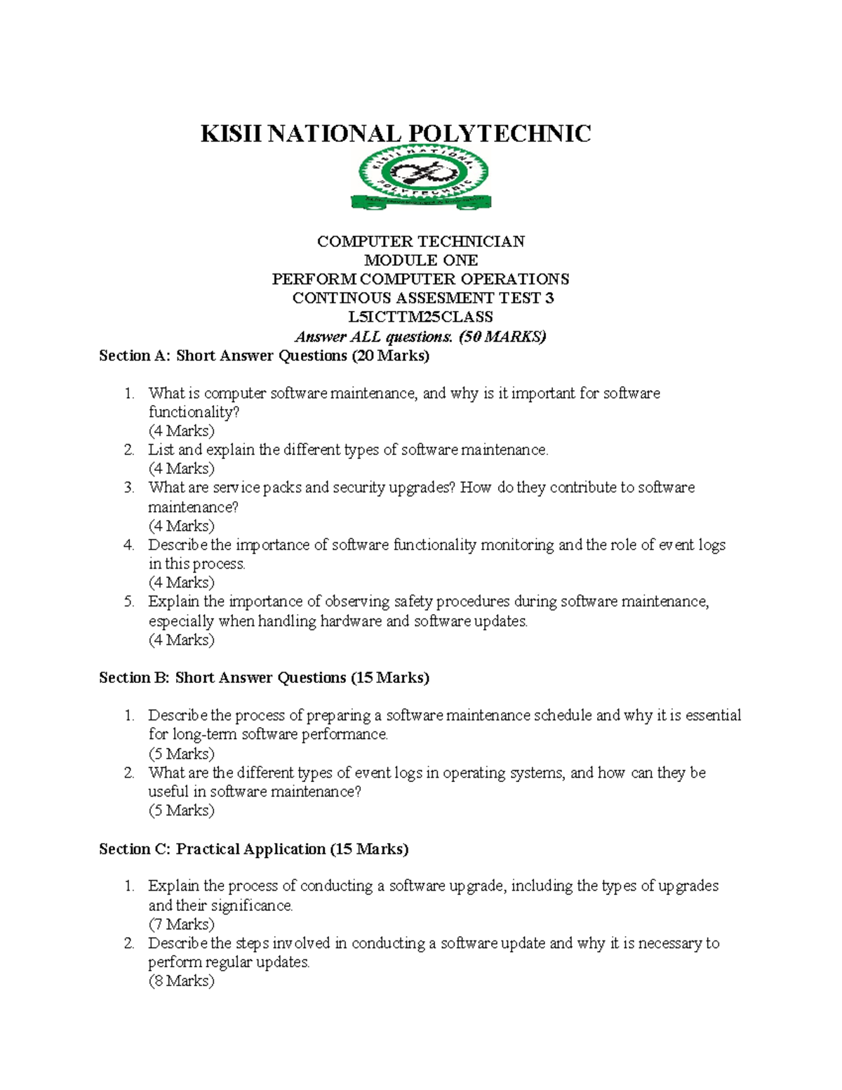 KISII NATIONAL POLYTECHNIC L5ICTTM25 COMPUTER OPERATIONS CAT 3 ...