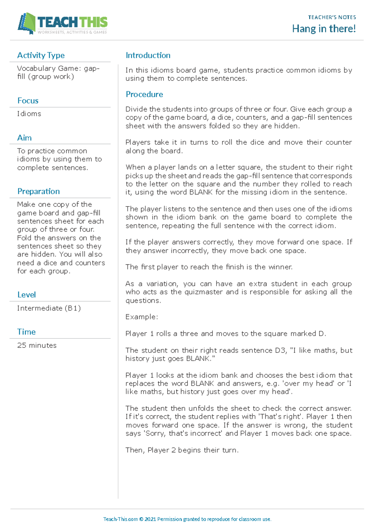 Hang in There! Idioms Board Game Activity (Intermediate B1) - Studocu