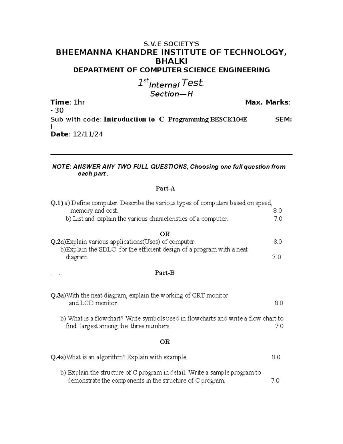 BESCK104E 1st Internal Test: Introduction to C Programming Notes - Studocu