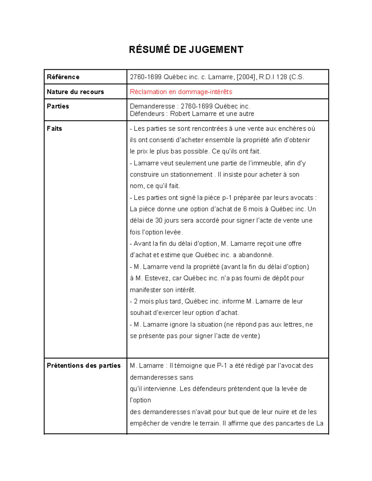 Résumé de Jugement: Québec inc. c. Lamarre - Analyse et Décision - Studocu