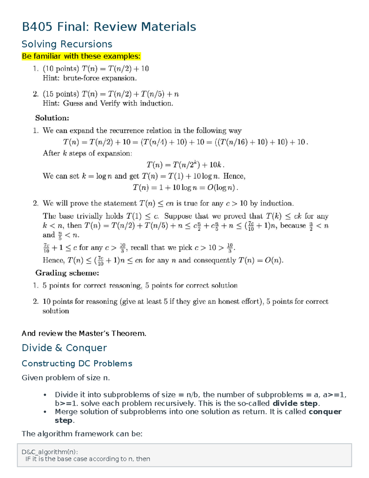 B405 Final Exam Review: Recursion, DP, and Algorithm Analysis - Studocu