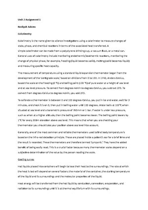 Calorimetry - UNIT 2 ASSIGNMENT 2 NADIYAH ADAMS CALORIMETRY. Calorimetry is the name given to ...