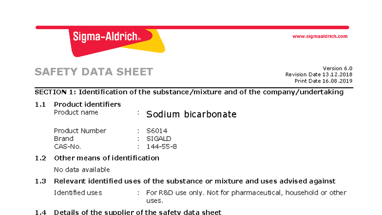 S6014 Sodium Bicarbonate MSDS - Safety Data Sheet Version 6.0 - Studocu