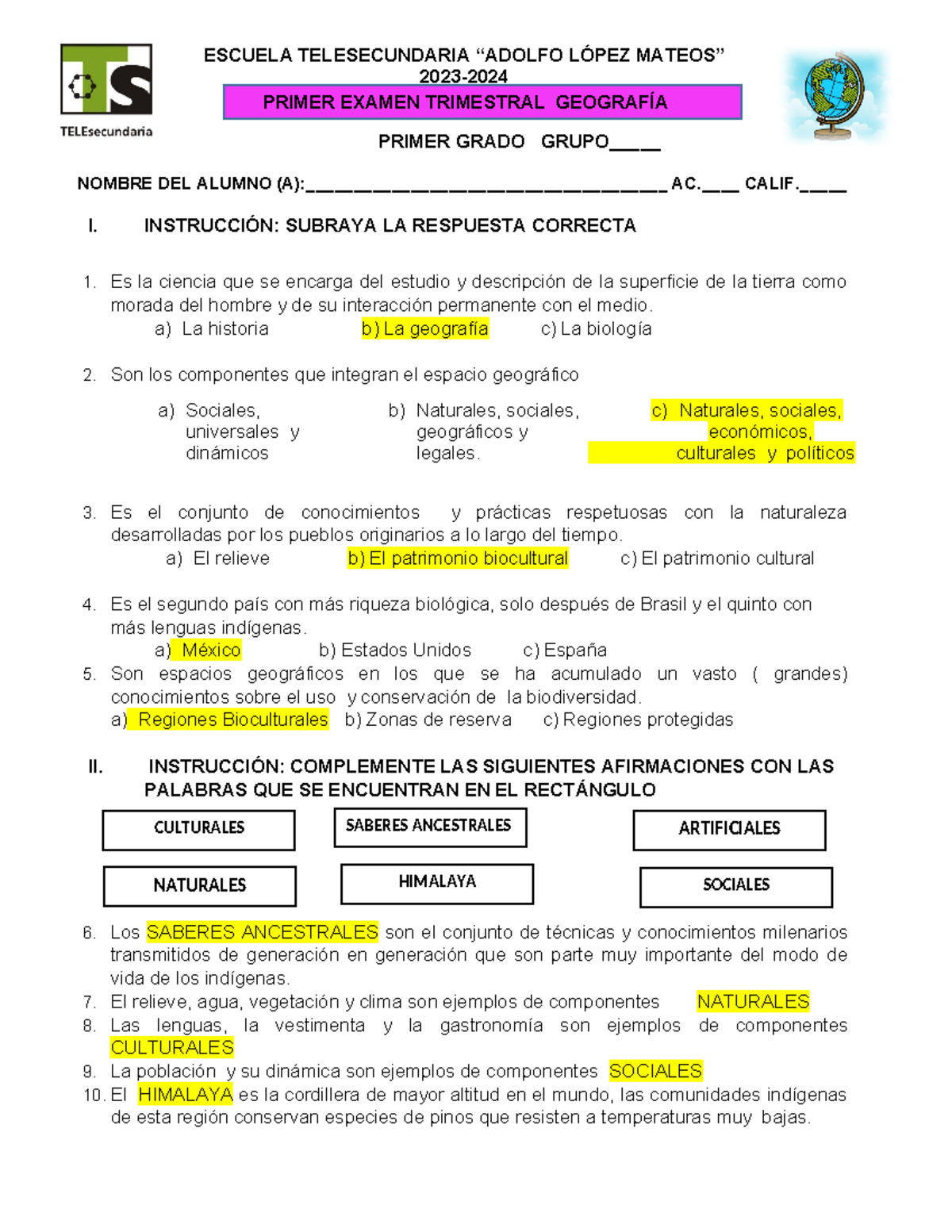 Examen DE Geografia Respuestas - PRIMER EXAMEN TRIMESTRAL GEOGRAFÍA ...