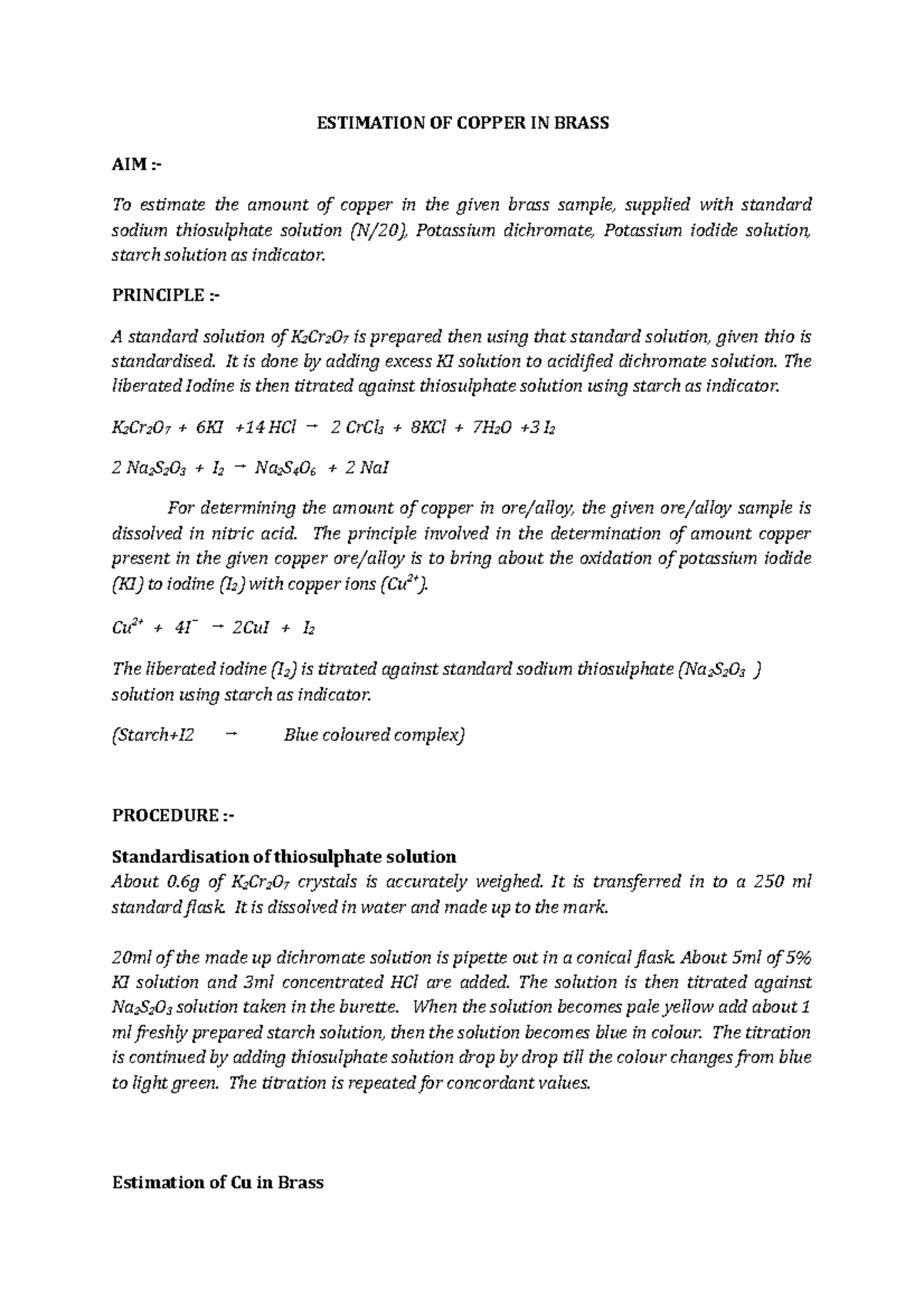 Estimation of Copper in Brass - Experiment No. 3 Analysis - Studocu