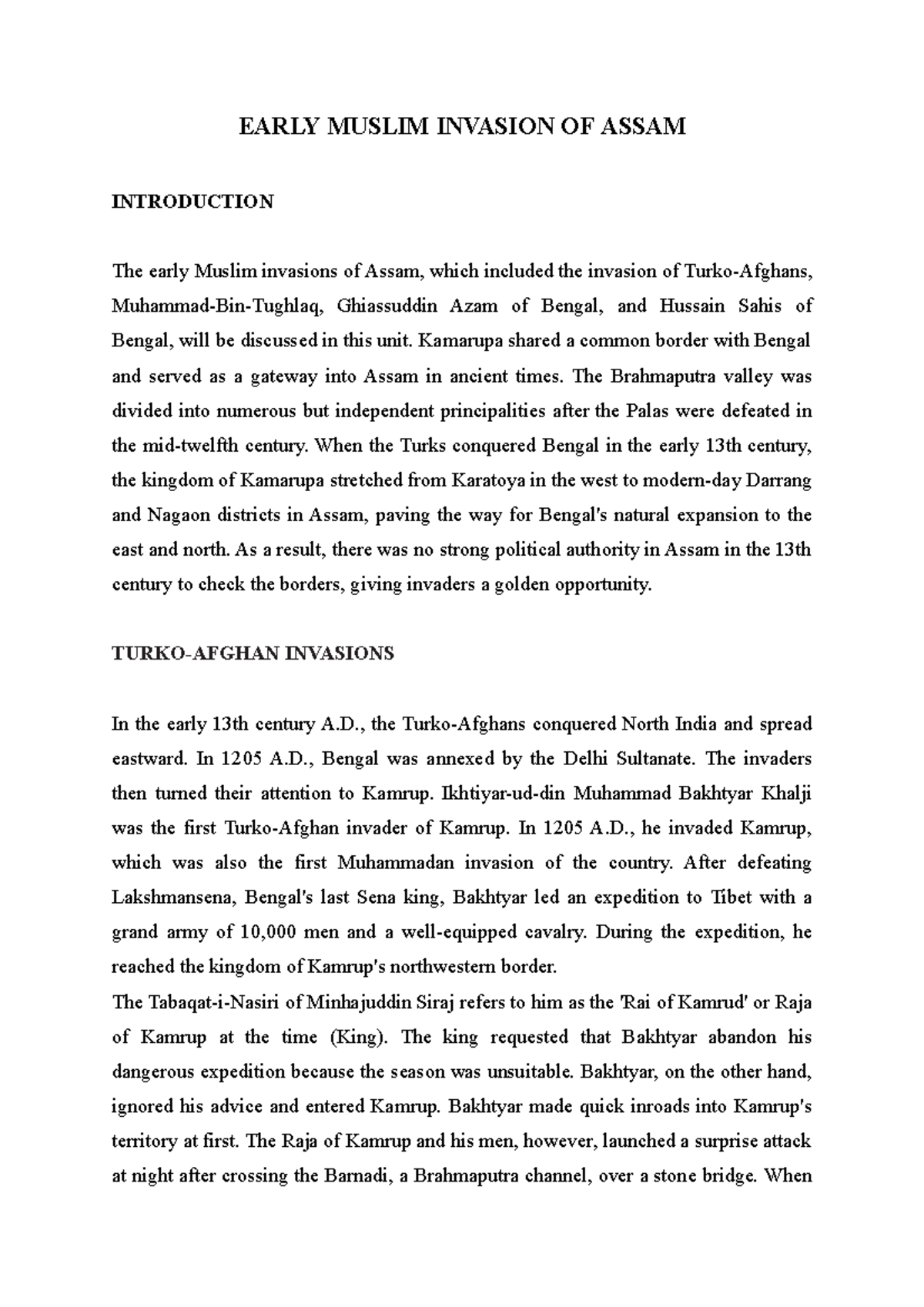 Early Muslim Invasion of Assam: Historical Insights & Analysis - Studocu