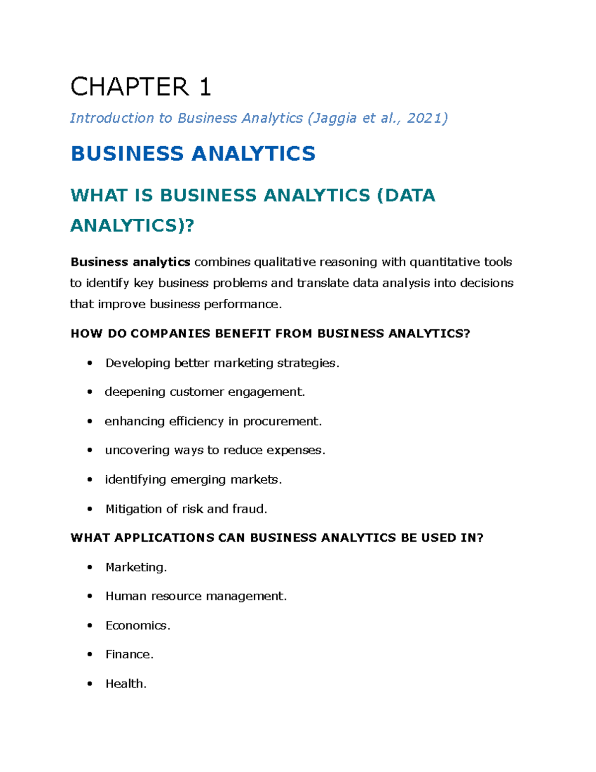 Chapter 1: Overview of Business Analytics Fundamentals (BA101) - Studocu