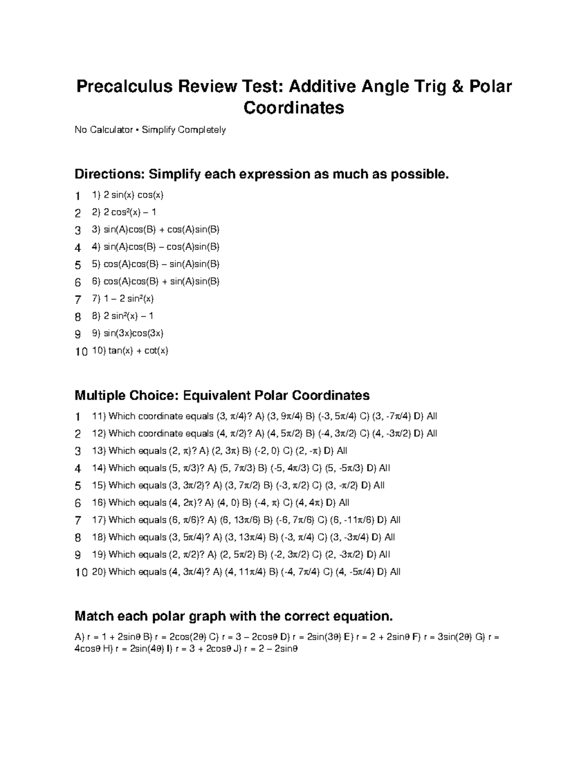 Precalculus Review Test: Polar Trig & Angle Addition (No Calc) - Studocu