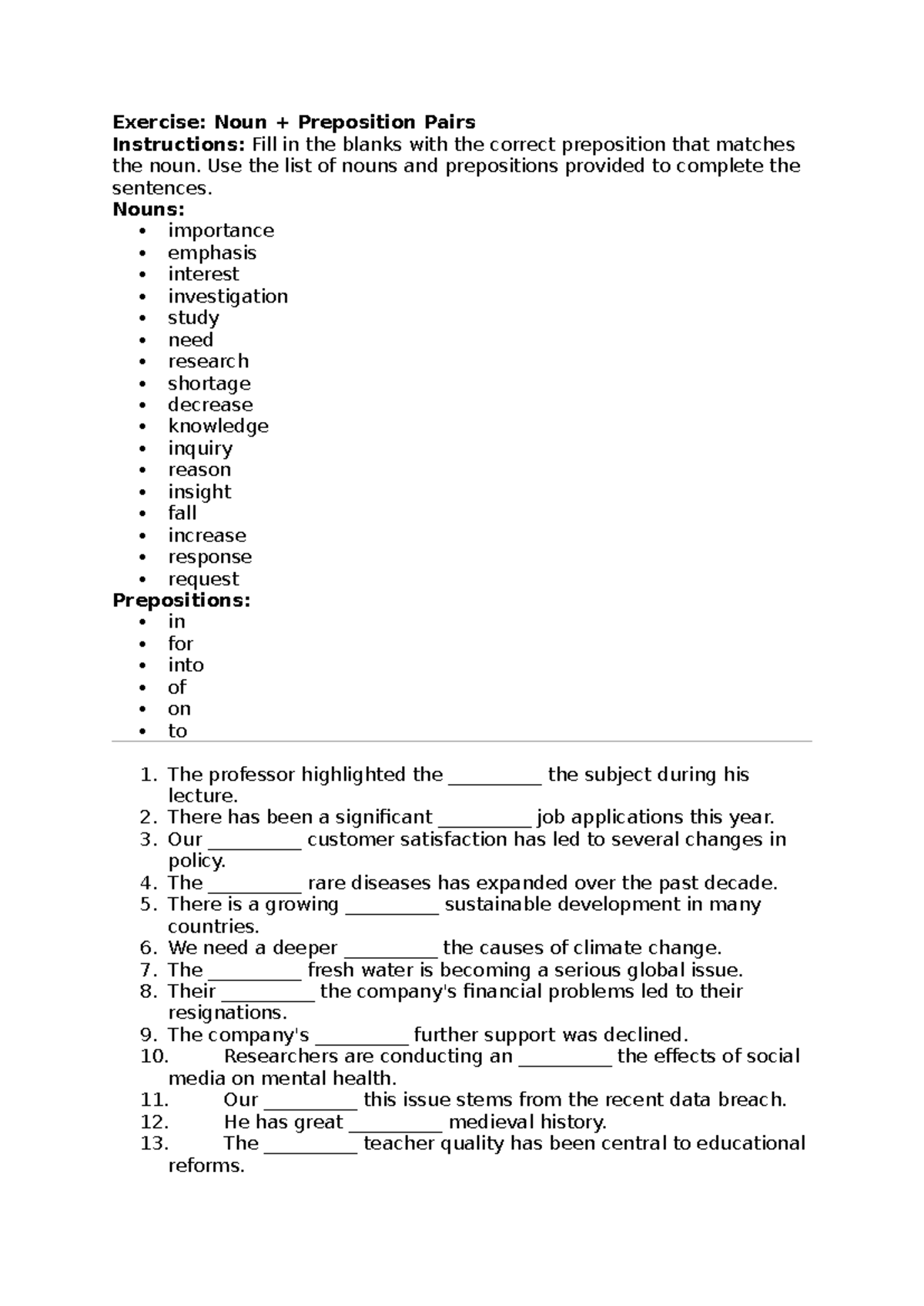 Nouns & Prepositions Exercise - Grammar Practice for ESL Students - Studocu