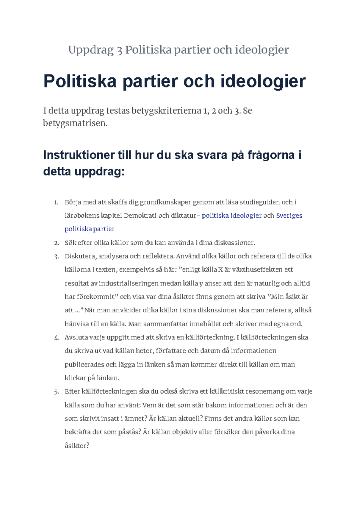 Uppdrag 3: Politiska Partier och Ideologier - En Analys 2024 - Studocu