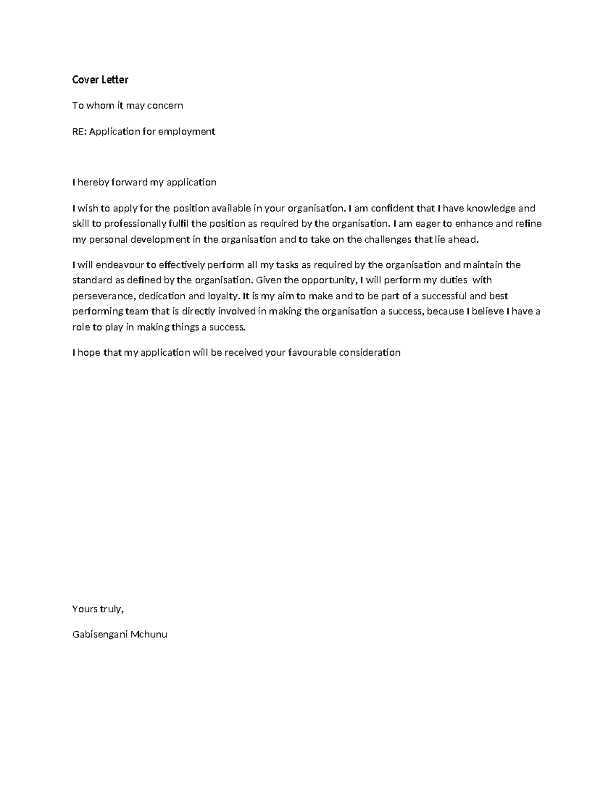 Cover Letter for Employment Application - N/A - Studocu