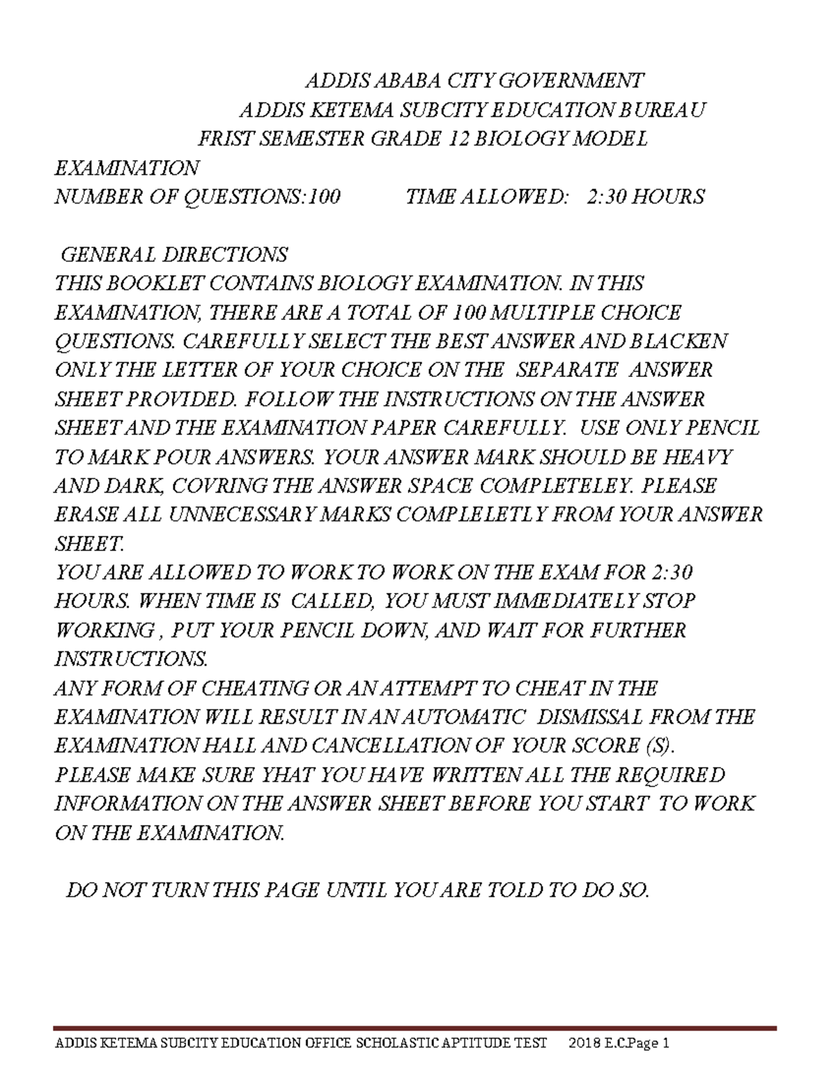 Biology Model Exam 2018 - Grade 12 (ADDIS KETEMA) - Studocu