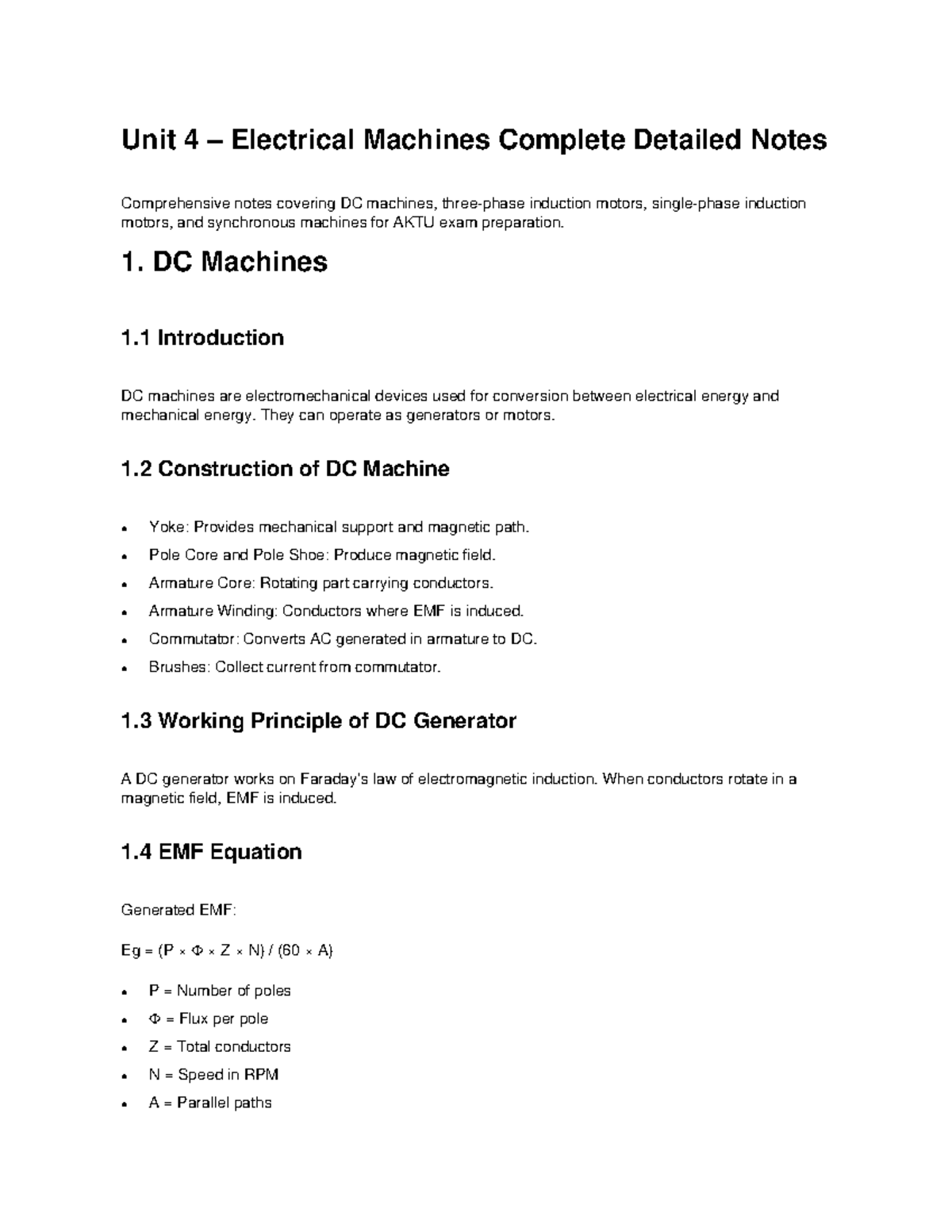 Electrical Machines Unit 4: Comprehensive Notes for AKTU Exam - Studocu