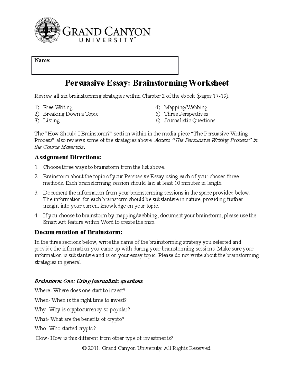 Persuasive Essay: Brainstorming Worksheet topic 1 - Name: Persuasive ...