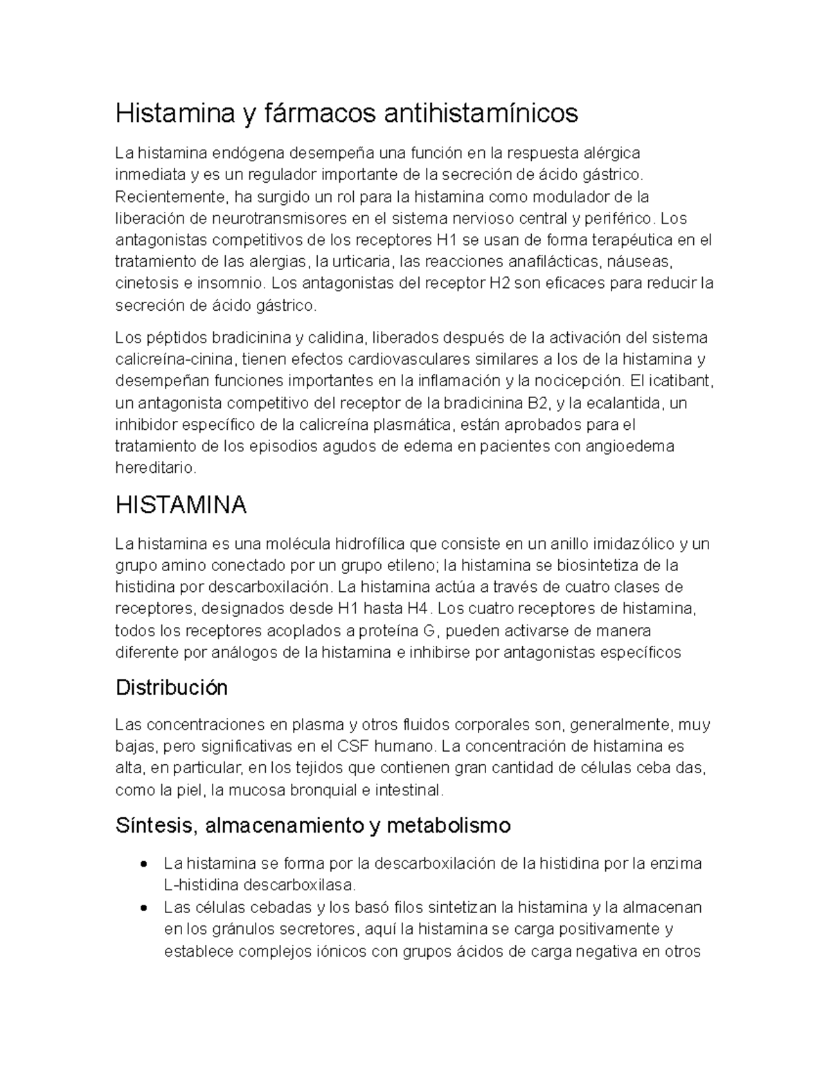 Histamina y Antihistamínicos: Funciones y Aplicaciones Clínicas - Studocu