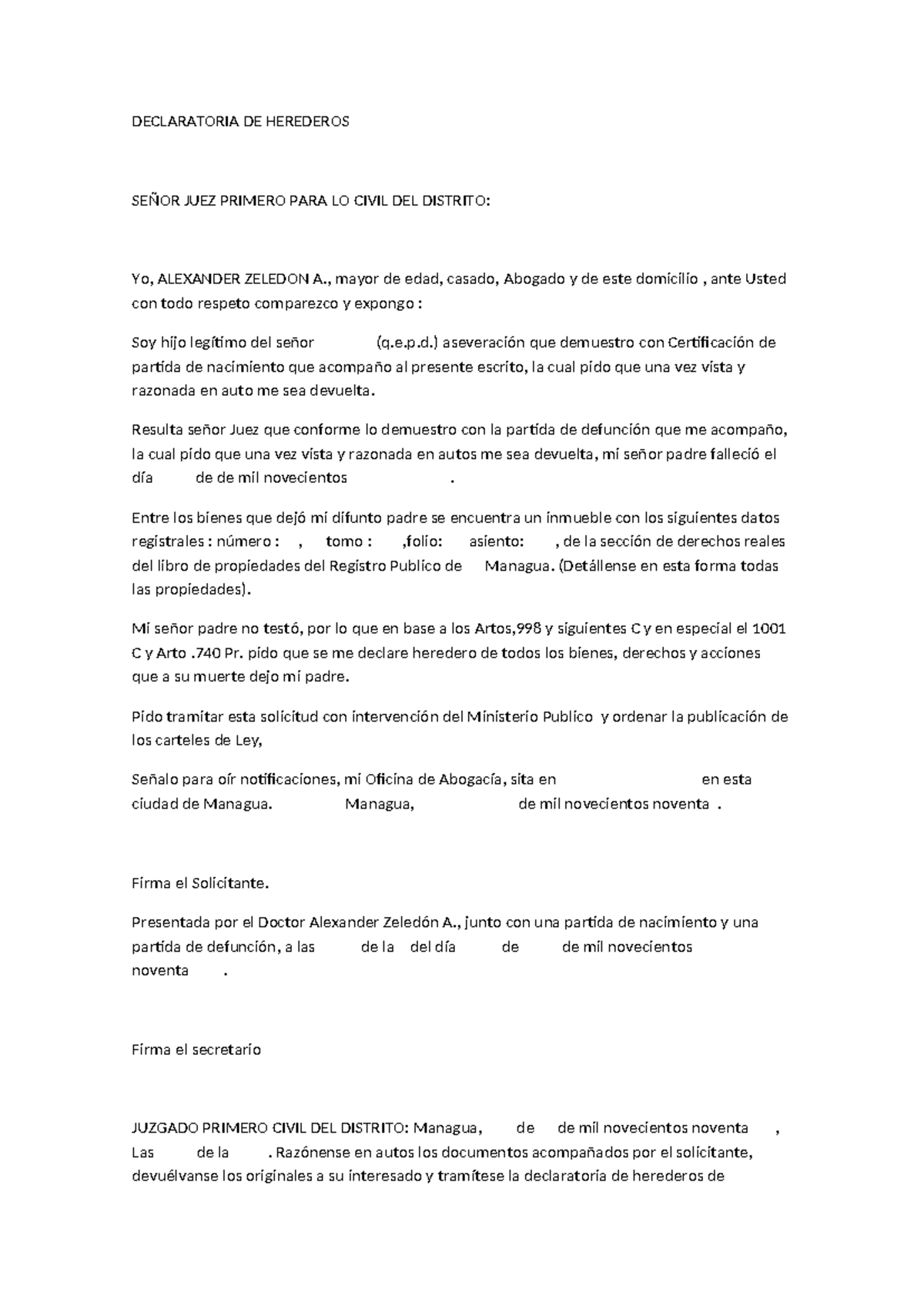 284111214 Solicitud de Declaratoria de Herederos por Alexander Zeledón ...