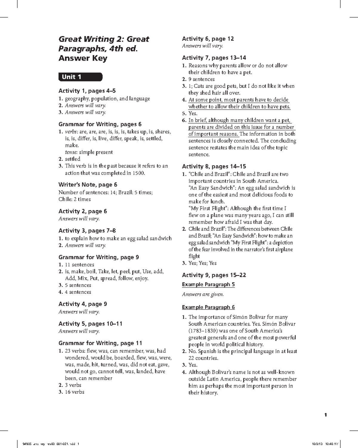 Great Writing 2: 4th Edition Answer Key and Activities Overview - Studocu