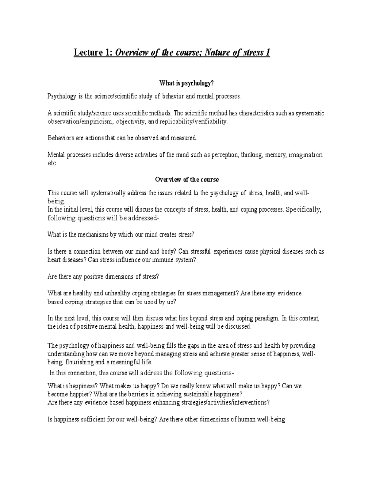 C01 Psychology of Stress: Lecture Notes on Stress and Its Effects - Studocu