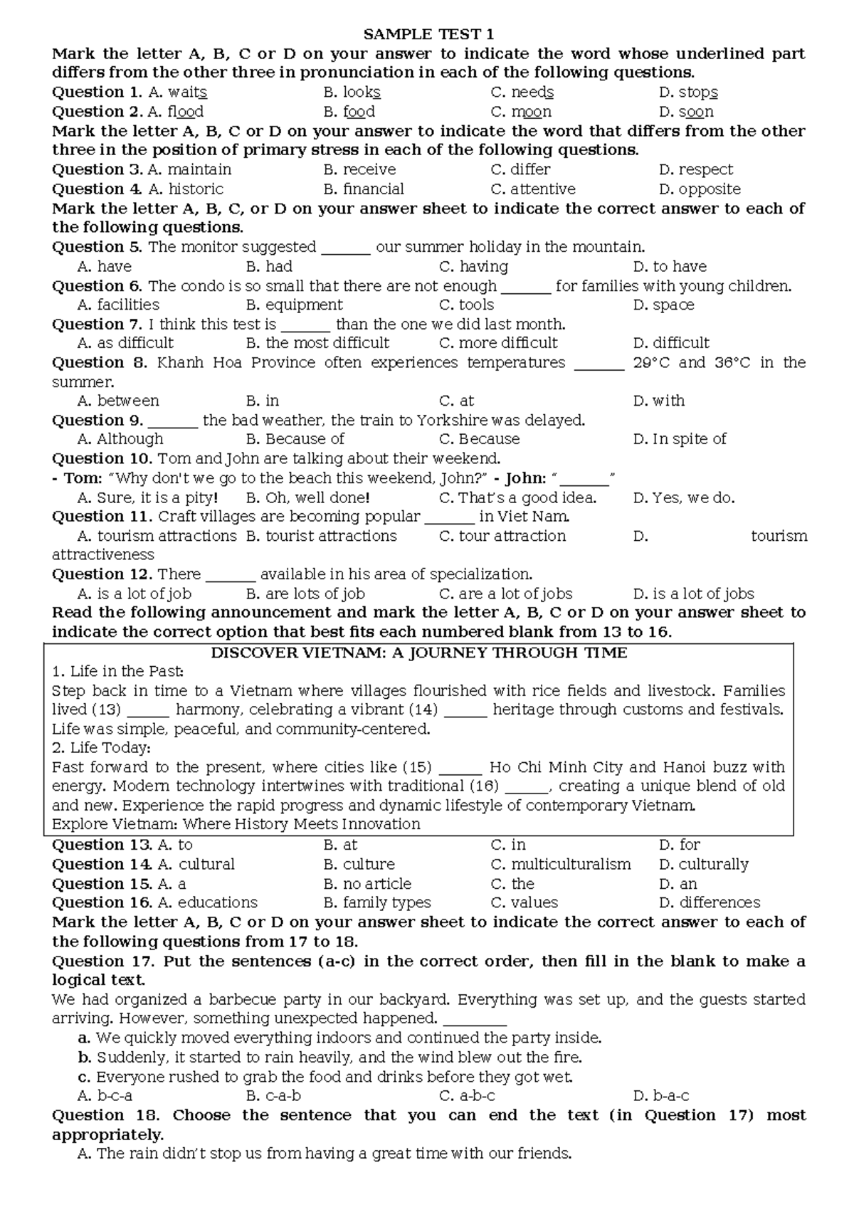 Sample Test 1-10: Pronunciation and Grammar Practice for High School ...