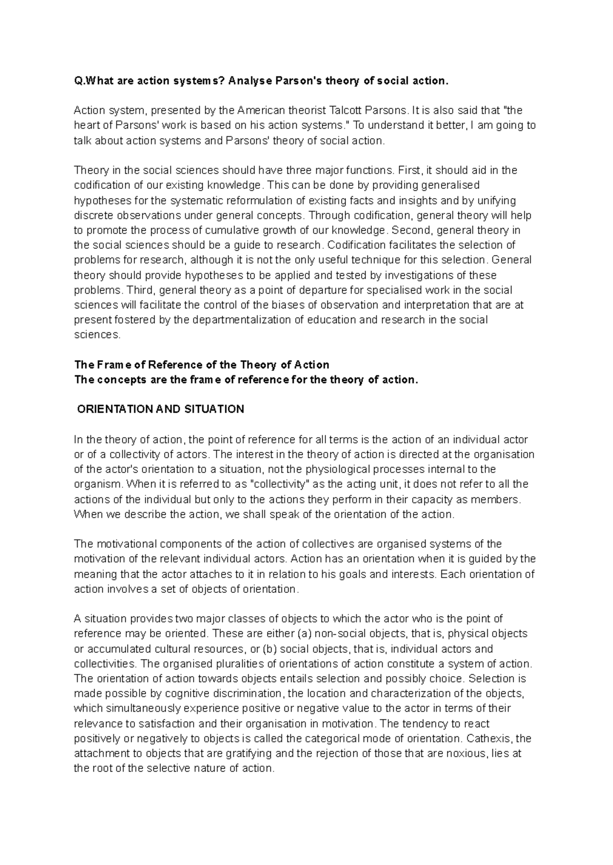 Talcott parson Action system - Q are action systems? Analyse Parson's ...