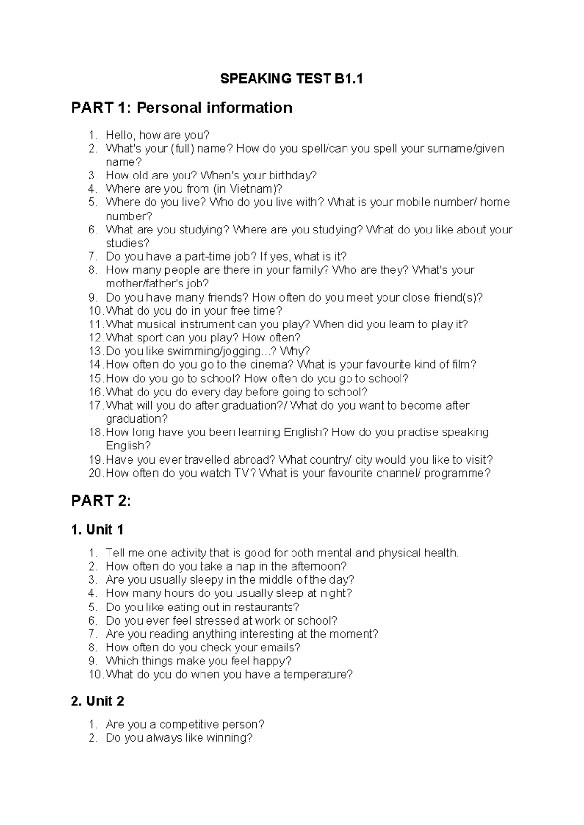 B1.1 Speaking Test: Personal Info & Health Questions - Studocu