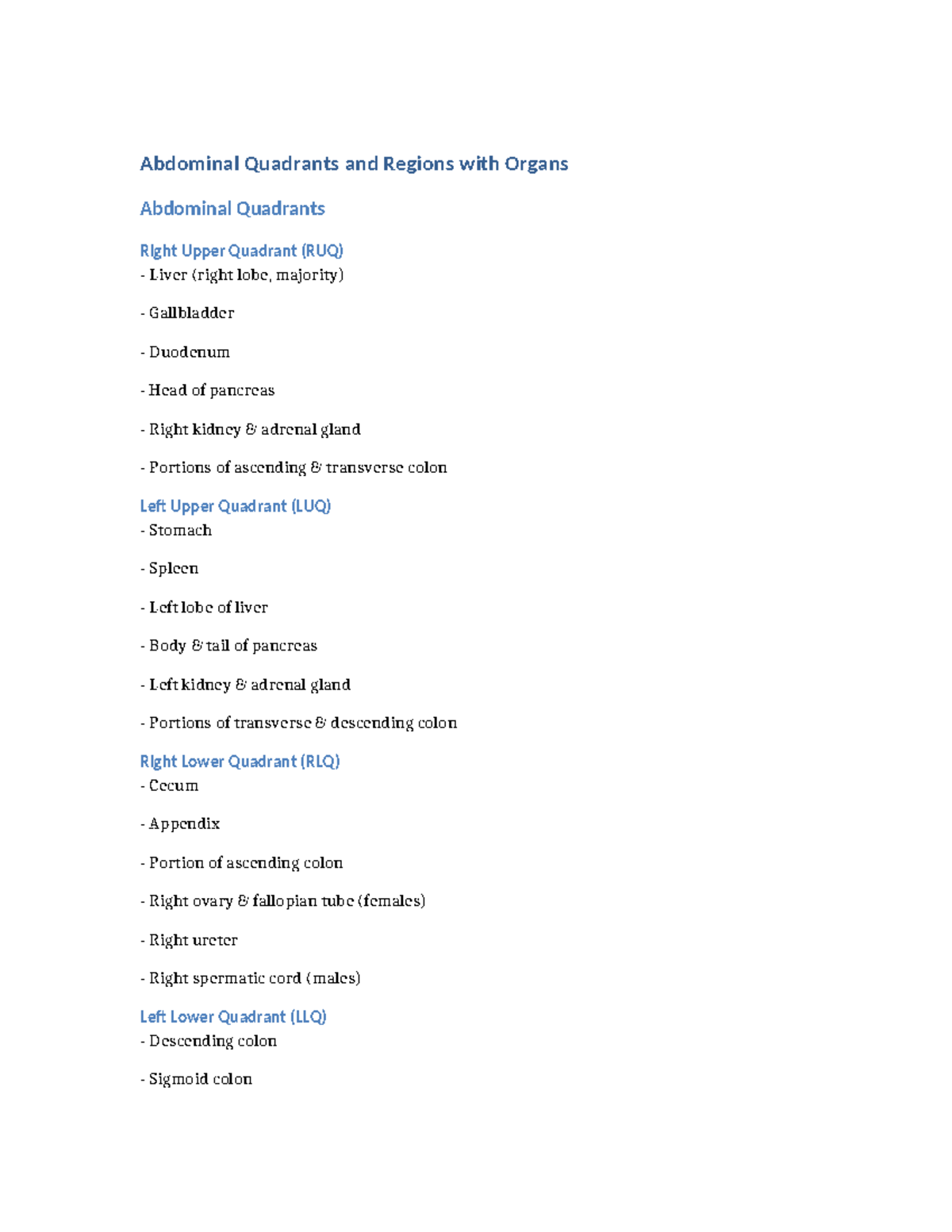 Abdominal Quadrants and Regions: Organs Overview for Anatomy Study ...
