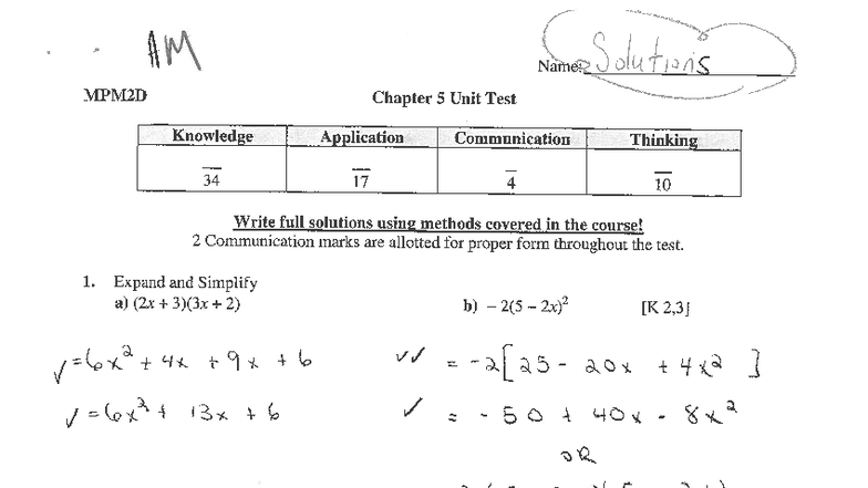 MPM2D Chapter 5 Unit Test Solutions: Quadratics Practice 2013 - Studocu