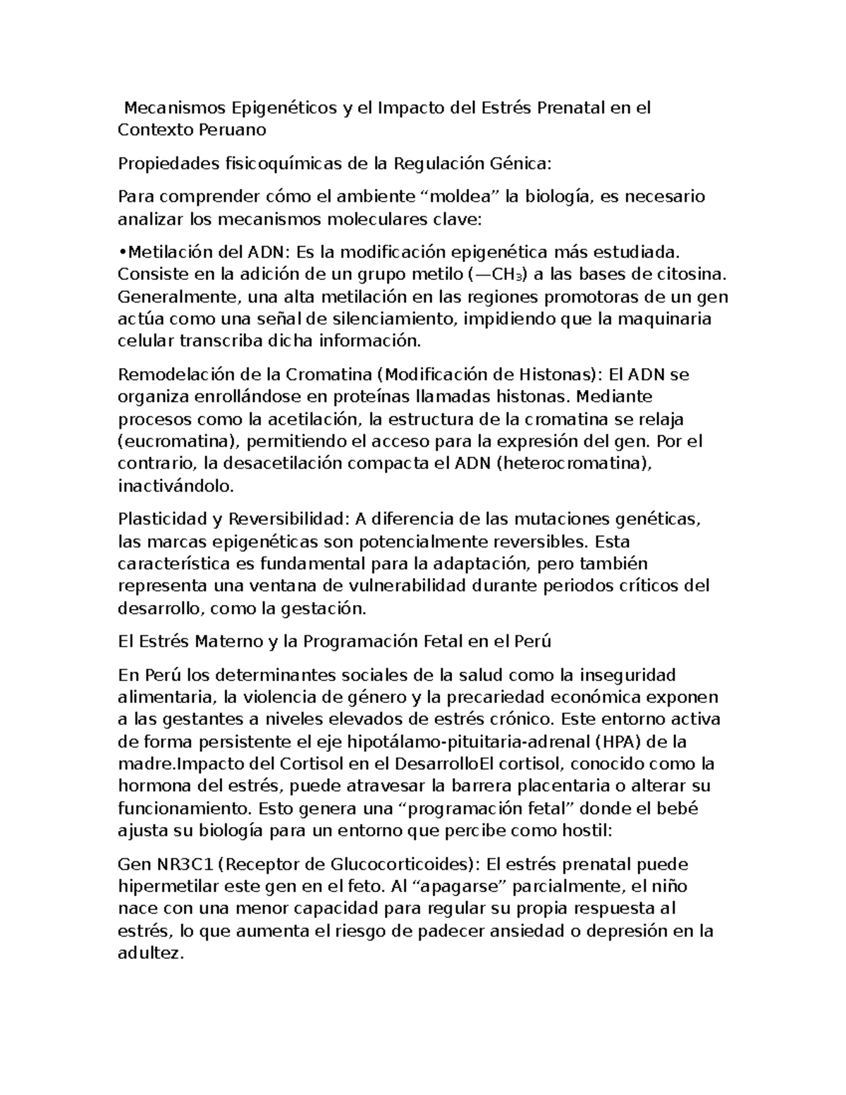 Mecanismos Epigenéticos y Estrés Prenatal en Perú: Impacto y Regulación ...