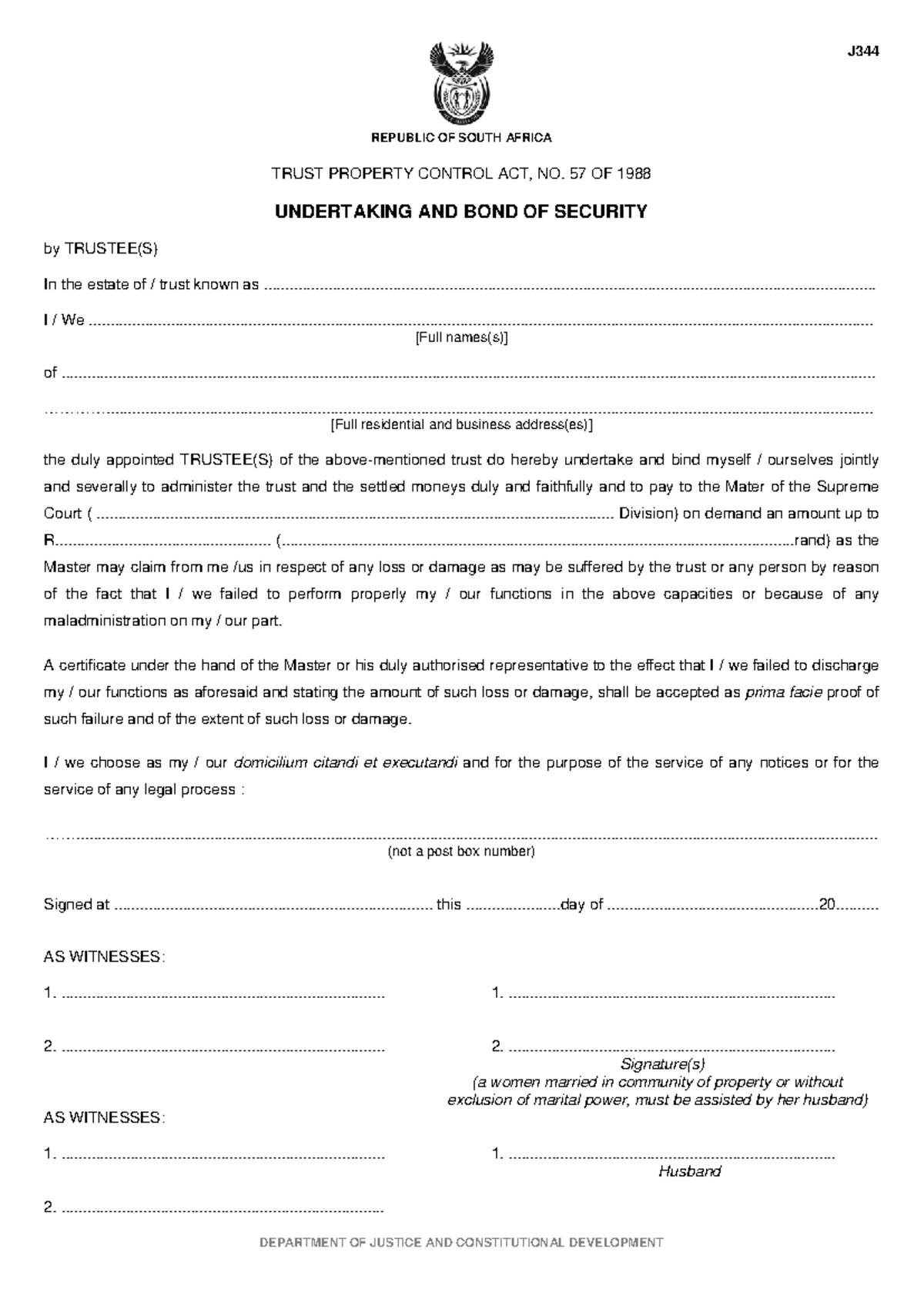 J344 - Undertaking & Bond of Security for Trust Property - Studocu