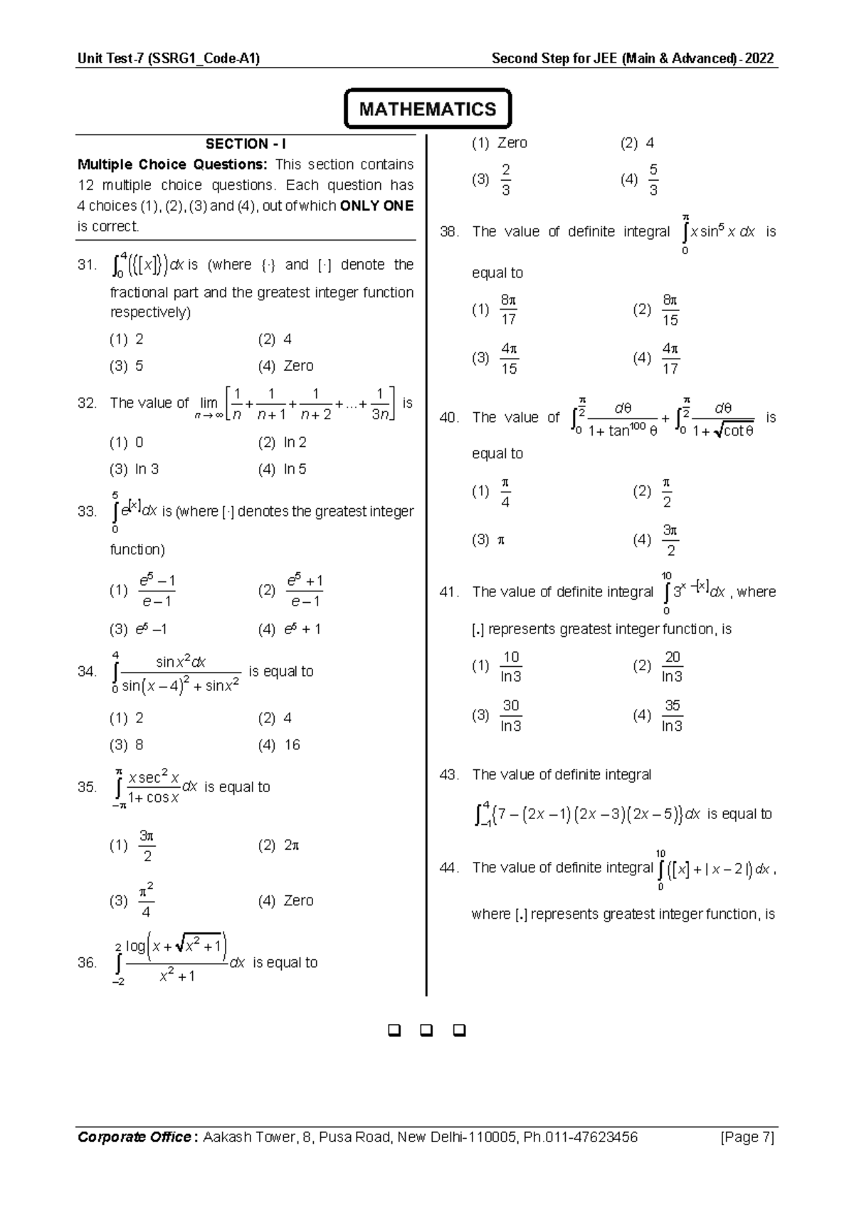 Definite Integral Practice Questions - Unit Test SSRG1_Code-A1 - Studocu