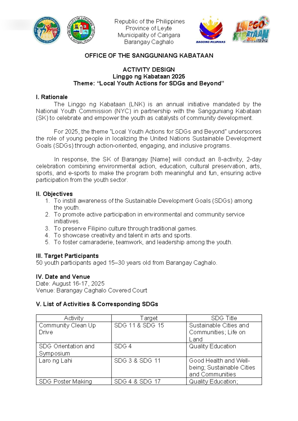 Activity Design for Linggo ng Kabataan 2025: Youth Actions for SDGs ...