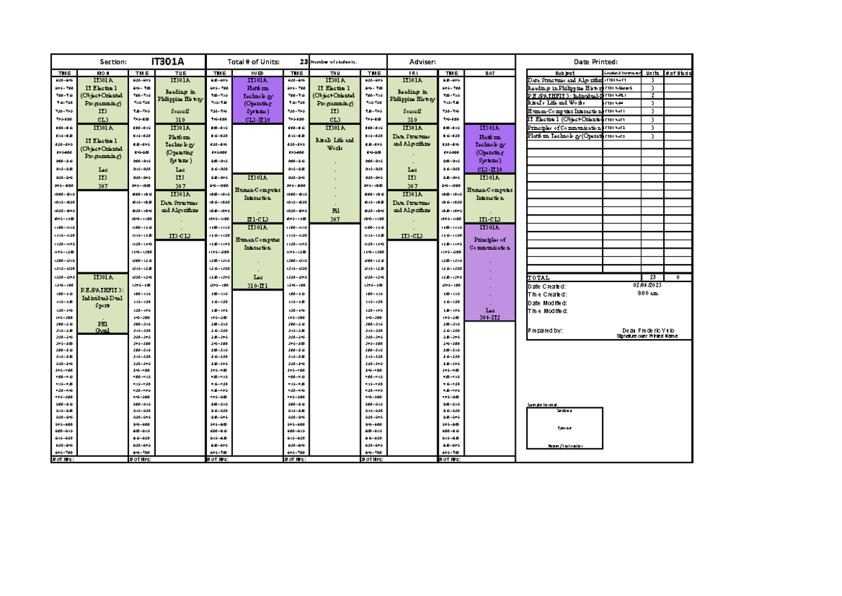 Tertiary Section Schedule AY2526T1 for IT301A Courses - Studocu
