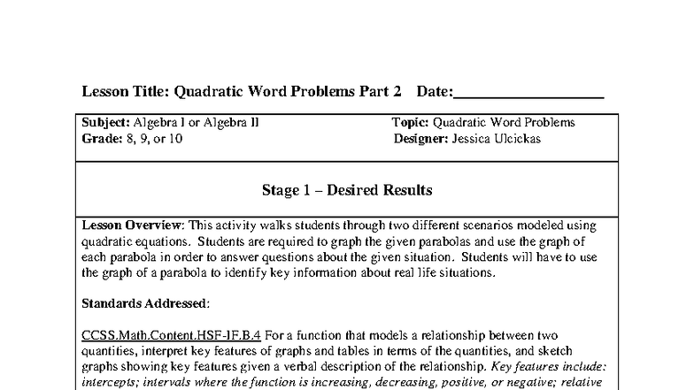 SG Algebra I/II Lesson Plan: Quadratic Word Problems Part 2 - Studocu