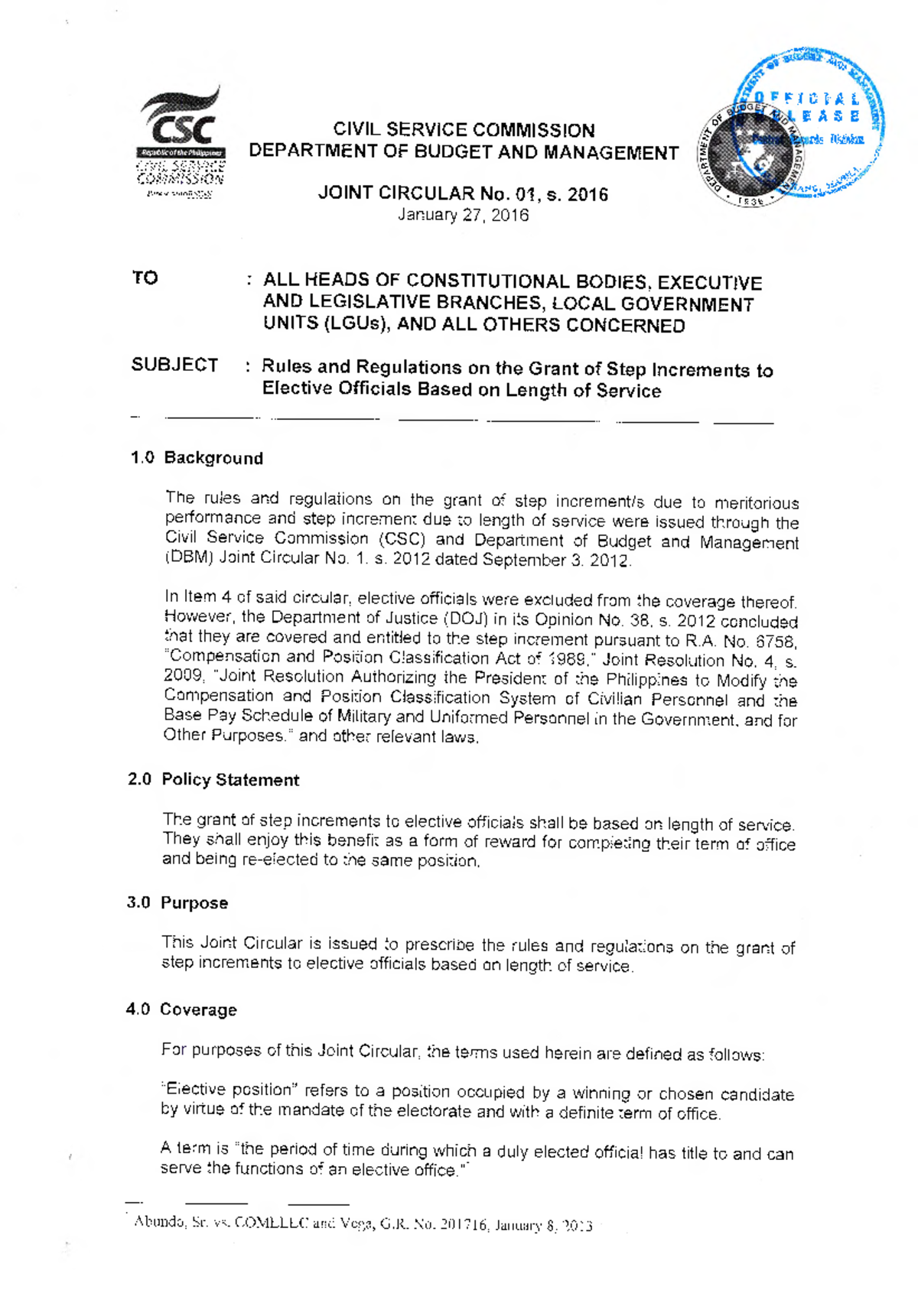 Grant of Step Increments to Elective Officials (CSC-DBM J.C. 01, S ...