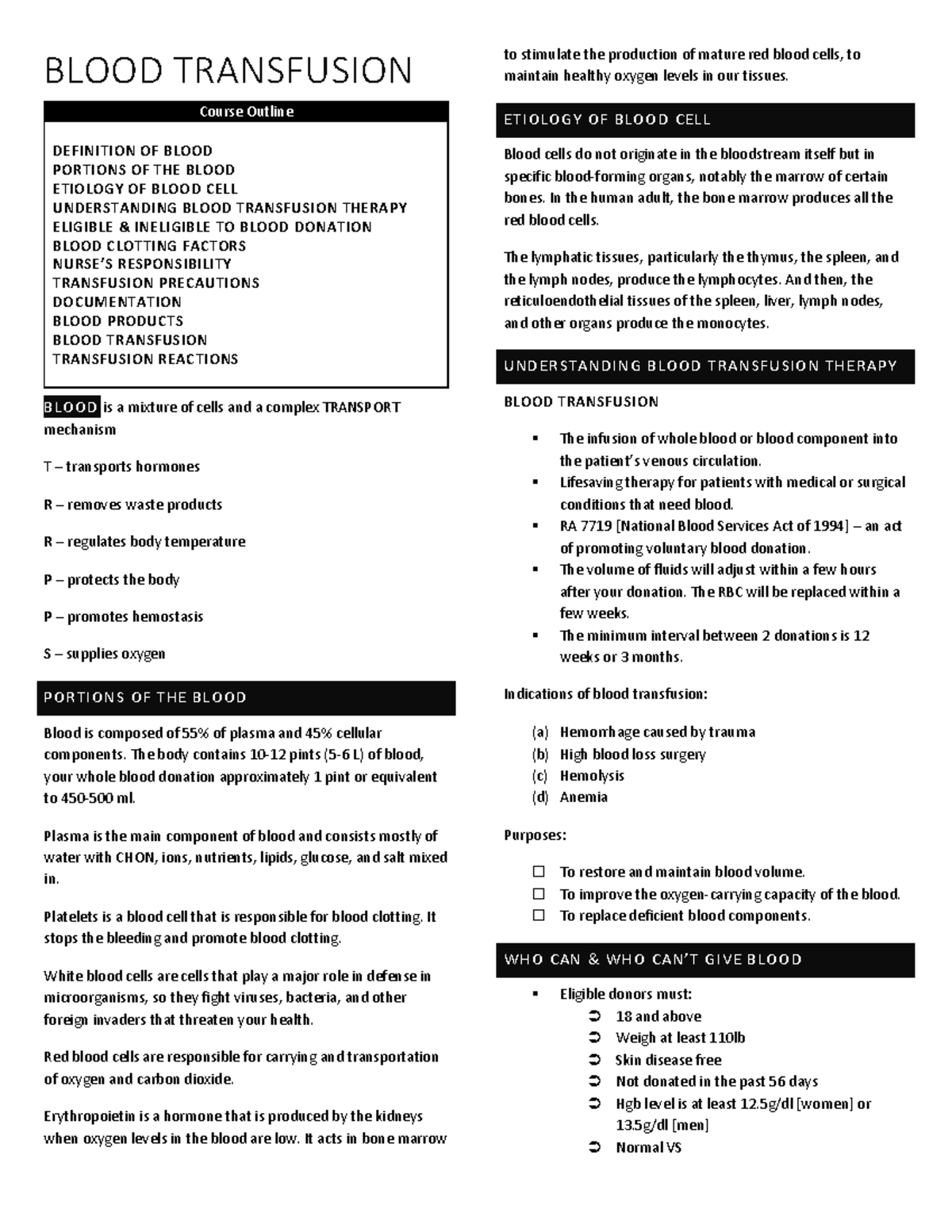 Blood Transfusion Notes - BLOOD TRANSFUSION Course Outline DEFINITION ...