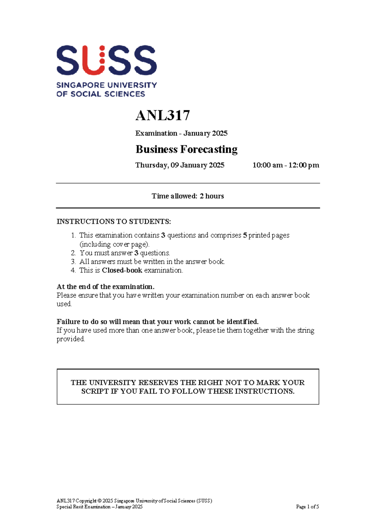 ANL317 Special Resit Exam Jan 2025: Business Forecasting Guide - Studocu