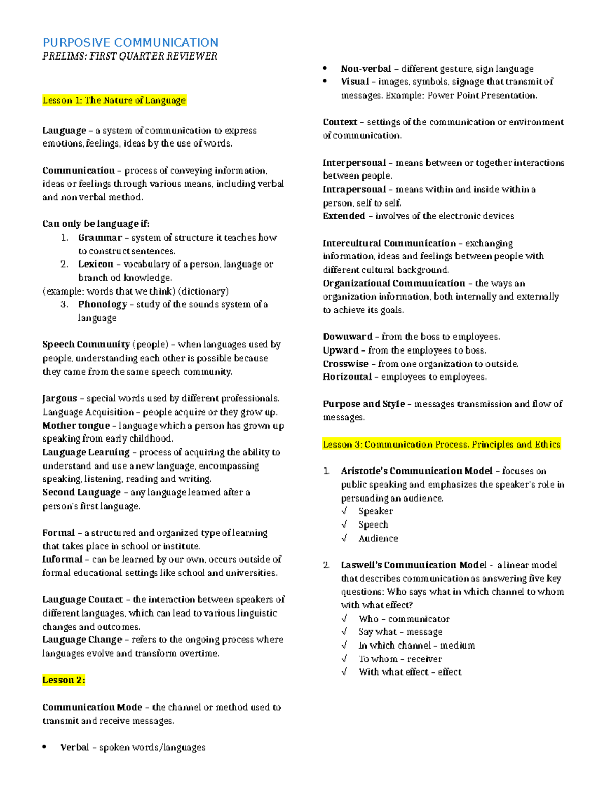 PURPOSIVE COMMUNICATION PRELIMS: 1ST QUARTER REVIEWER - Studocu